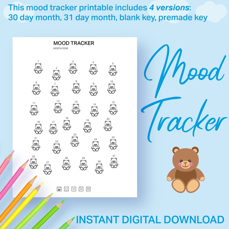 Mood Tracker Printable Bear Daily Monthly Emotions Mood Chart - Etsy