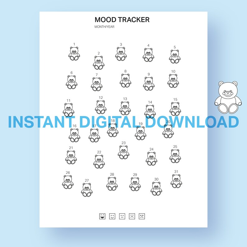 Mood Tracker Printable, Bear Daily Monthly Emotions Mood Chart Journal ...