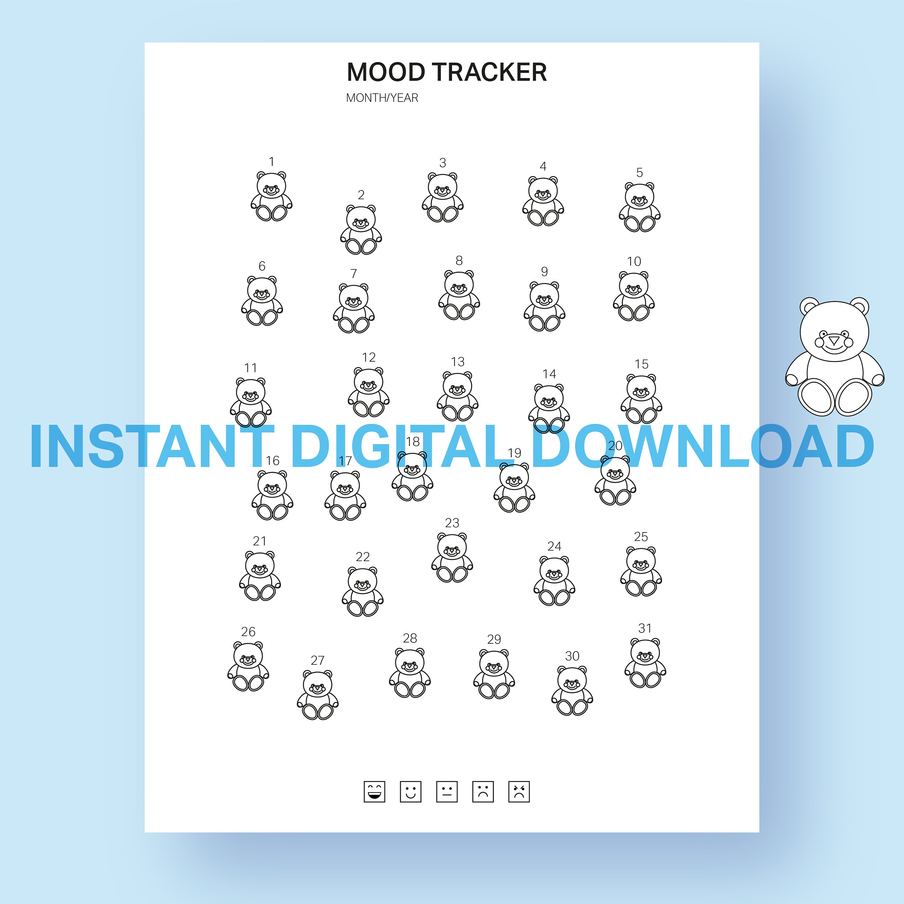 Mood Tracker Printable, Bear Daily Monthly Emotions Mood Chart Journal ...
