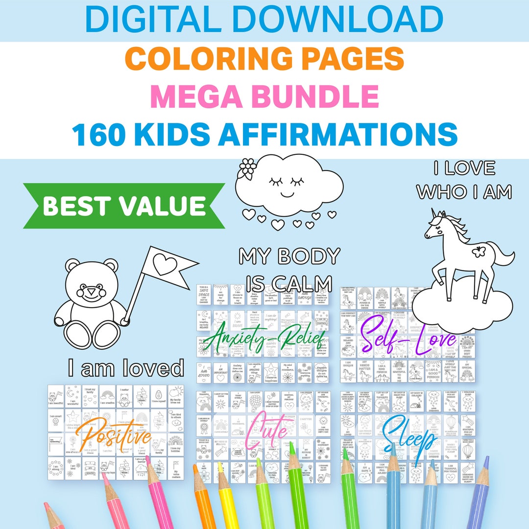 160 Kids Coloring Affirmations Bundle, Mindfulness Cards for Children ...
