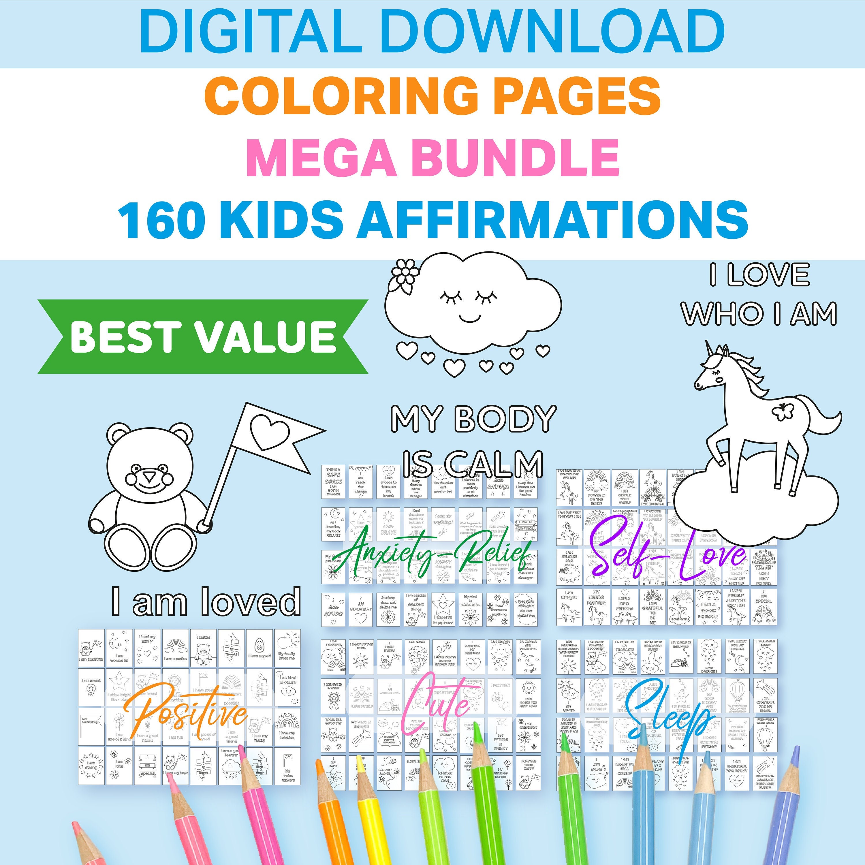 160 Kids Coloring Affirmations Bundle, Mindfulness Cards for Children ...