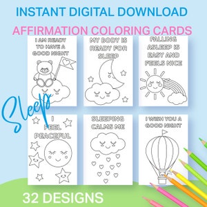 Bedtime Sleep Affirmations Coloring Cards for Kids, Bedtime Routine ...
