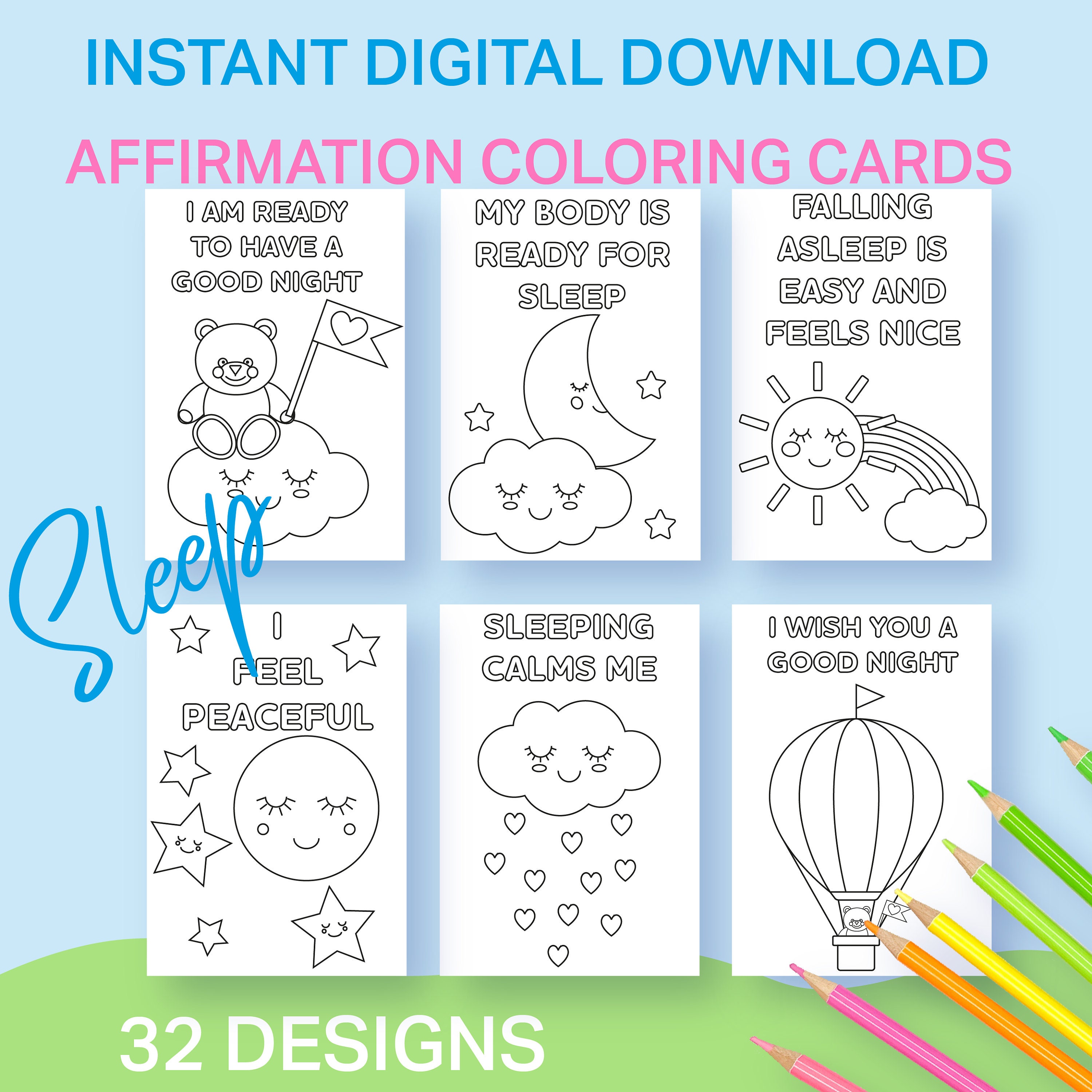 Bedtime Sleep Affirmations Coloring Cards for Kids, Bedtime Routine ...