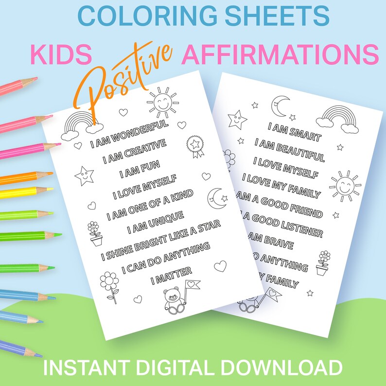 Positive Affirmations Coloring Pages for Kids, 2 Full Pages Coloring ...