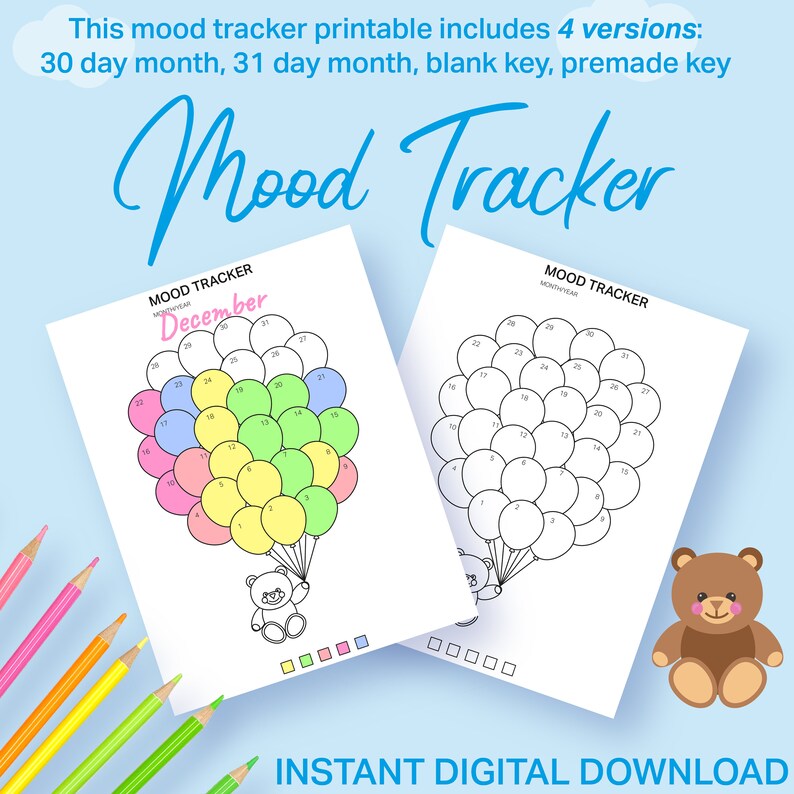 Mood Tracker Printable, Bear Balloons Daily Monthly Emotions Chart Journal, A5 A4 Letter Size ...