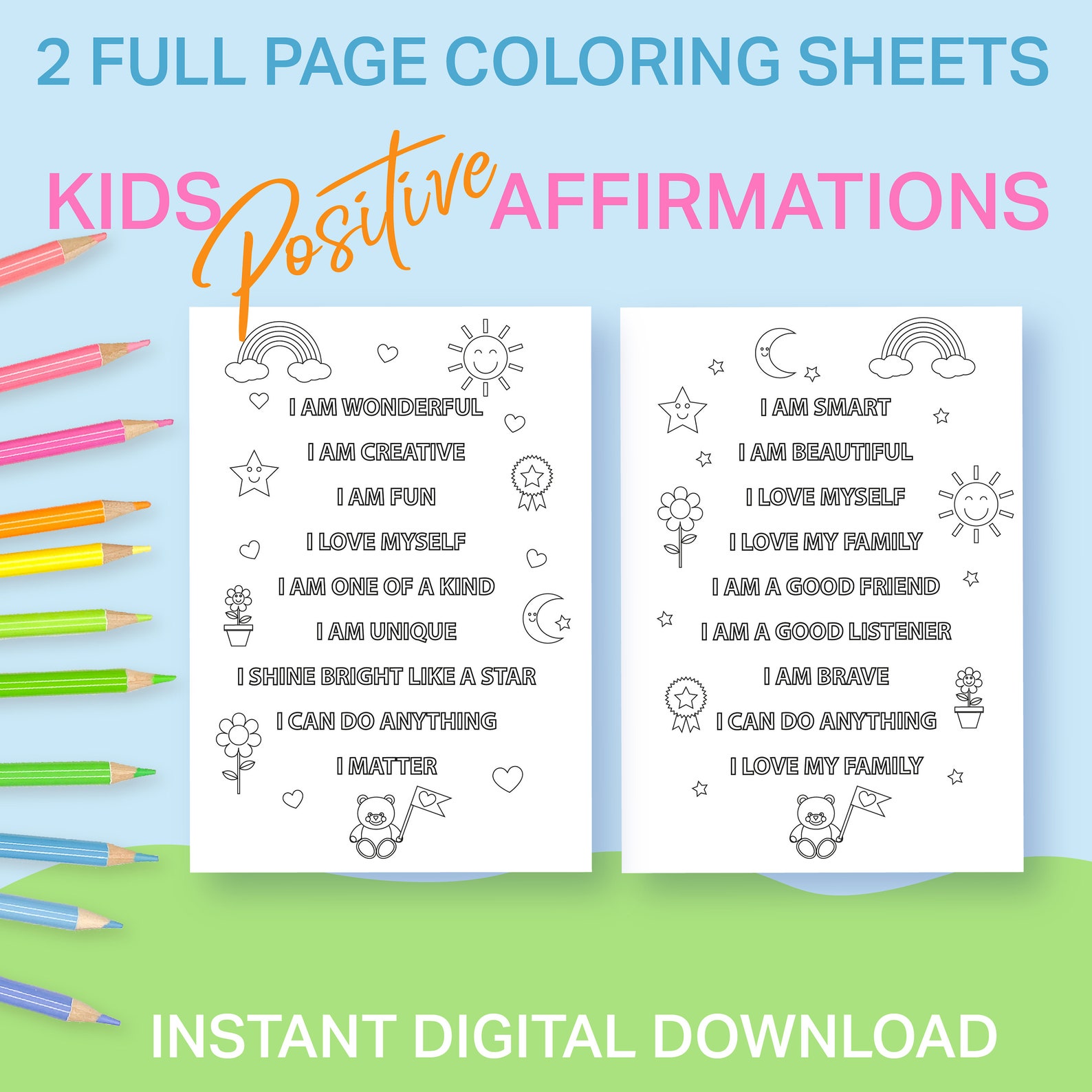Positive Affirmations Coloring Pages for Kids 2 Full Pages - Etsy UK