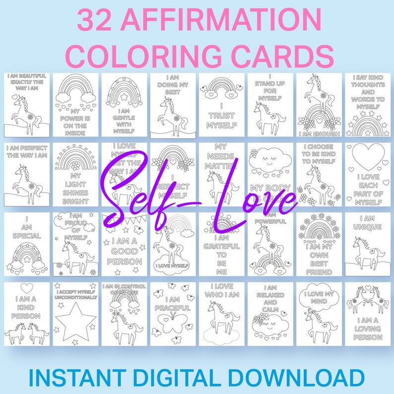 Unicorn Self-love Affirmation Coloring Cards for Kids, Mindful Coloring ...