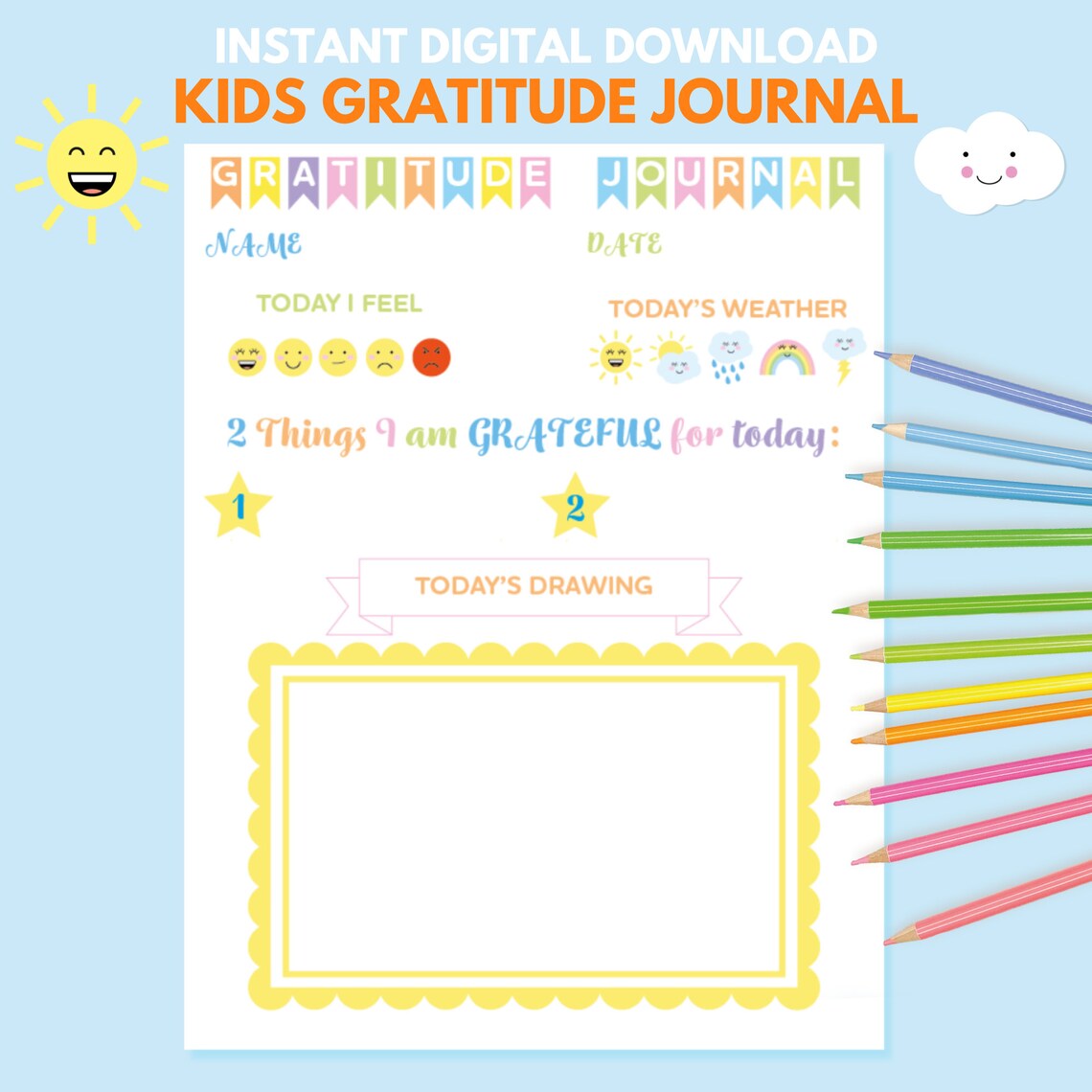 Kids Daily Gratitude Journal Printable Worksheets, Mindfulness Activity ...