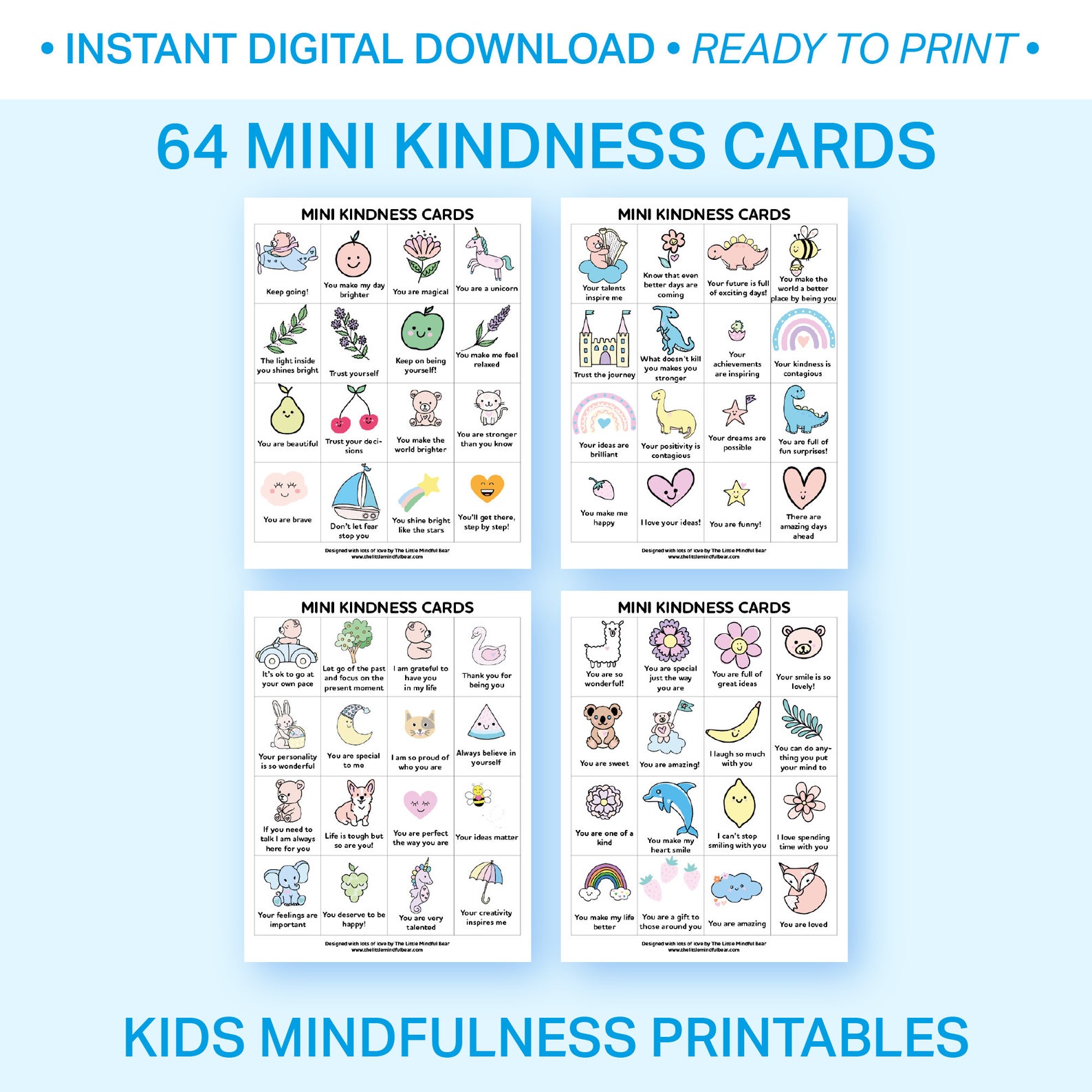 64 Mini Kindness Cards for Kids Printable, Positive Affirmation ...