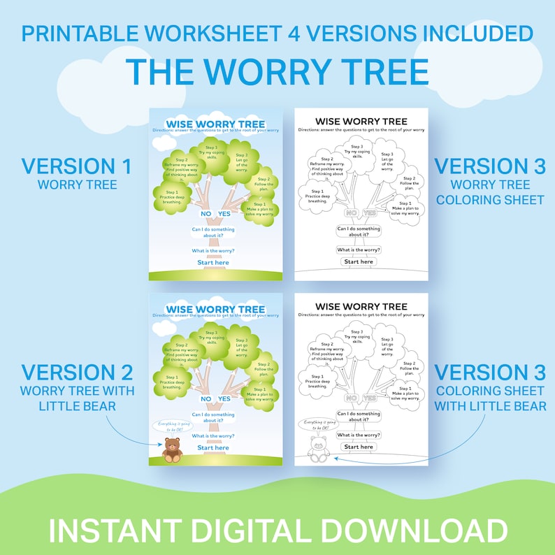 Worry Tree Worksheet Printable, Kids Anxiety Relief Workbook, Self ...