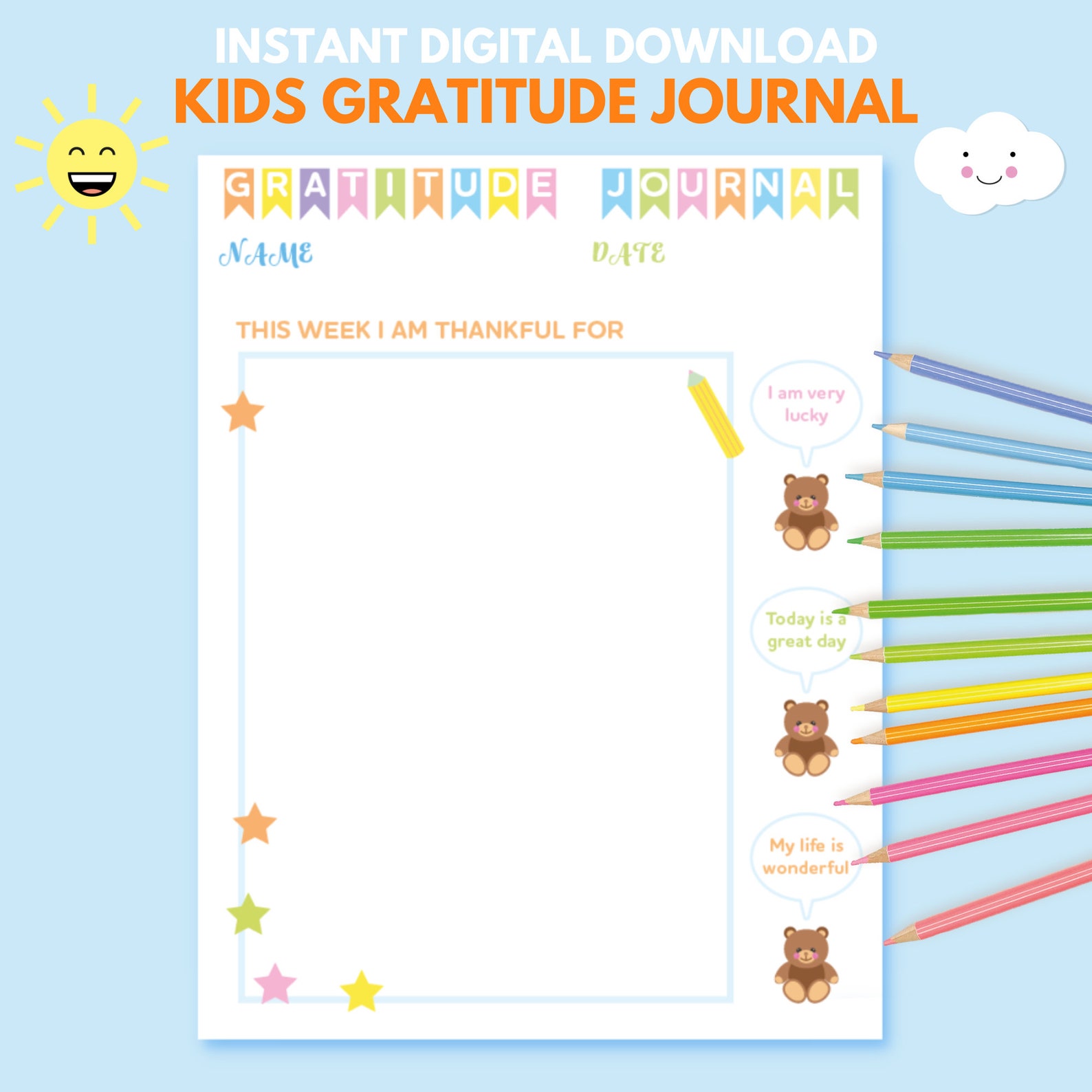 Kids Daily Gratitude Journal Printable Worksheets, Mindfulness Activity ...