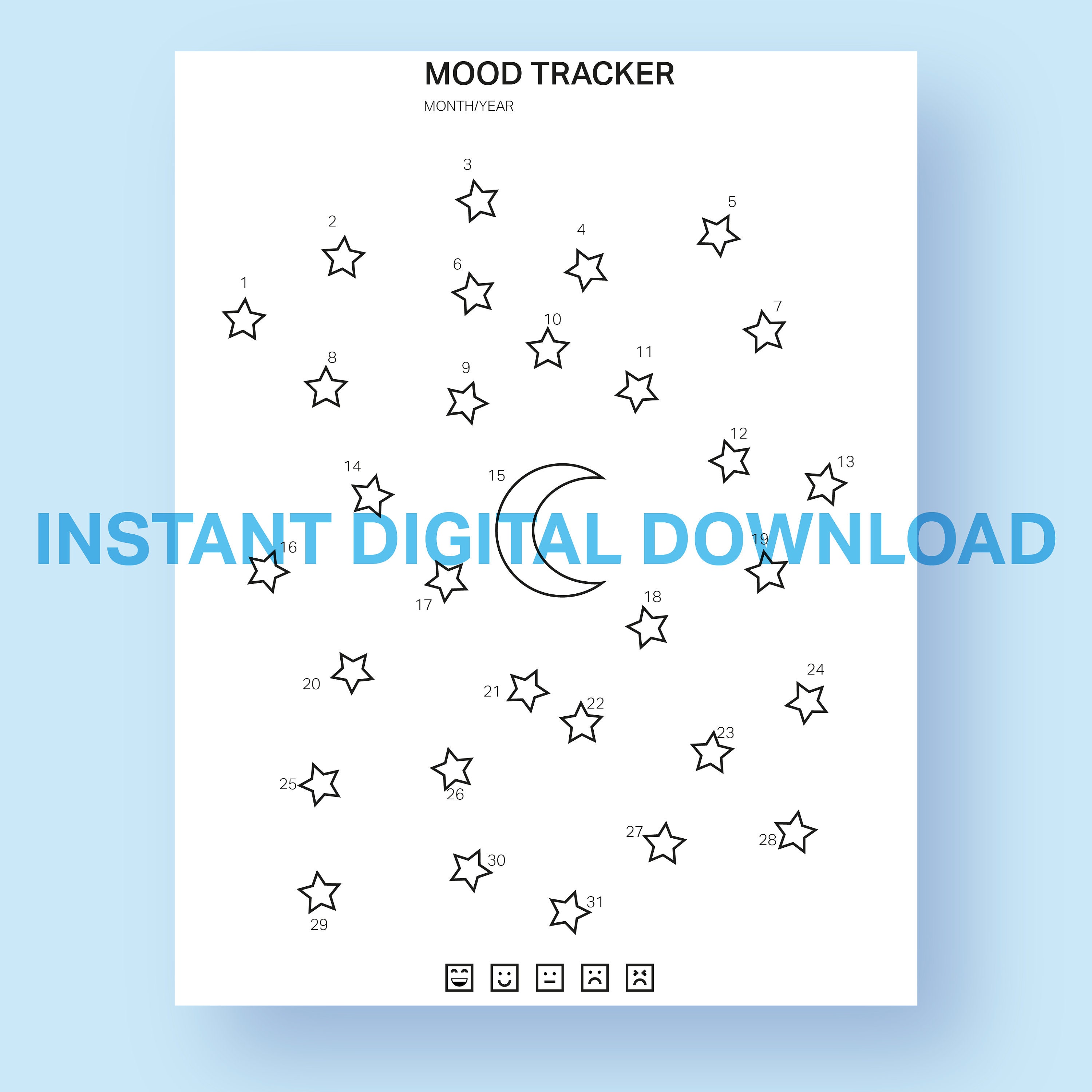Mood Tracker Printable, Moon and Stars Daily Monthly Mood Chart Journal ...