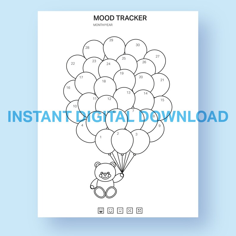Mood Tracker Printable, Bear Balloons Daily Monthly Emotions Chart Journal, A5 A4 Letter Size ...