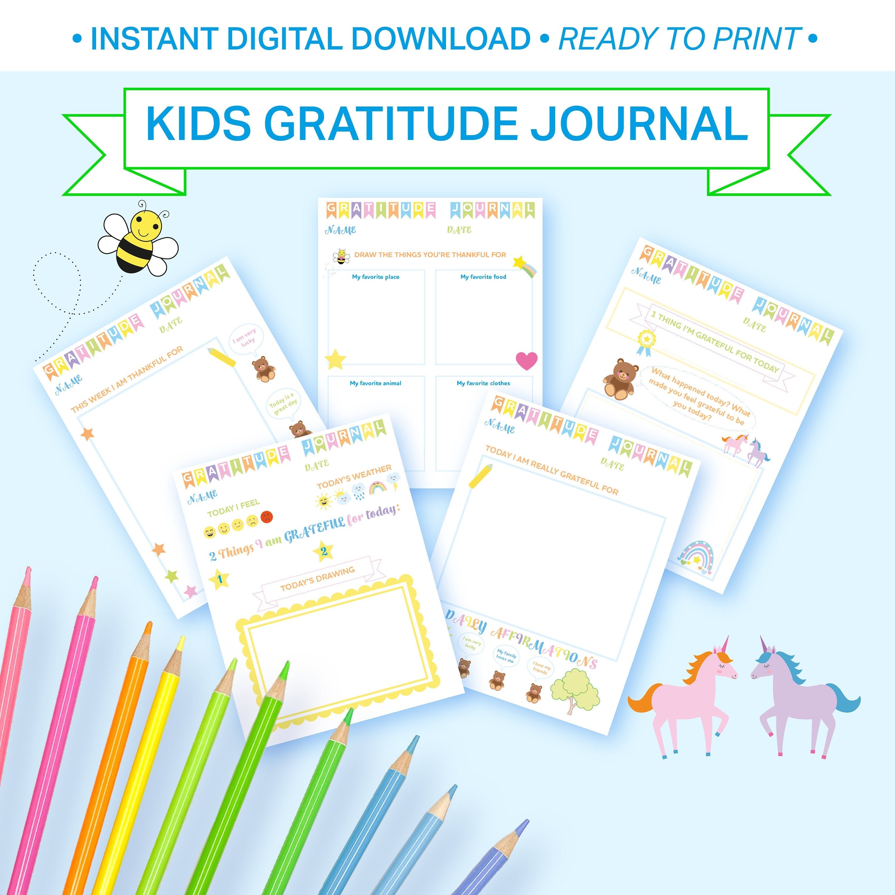 Kids Daily Gratitude Journal Printable Worksheets, Mindfulness Activity ...