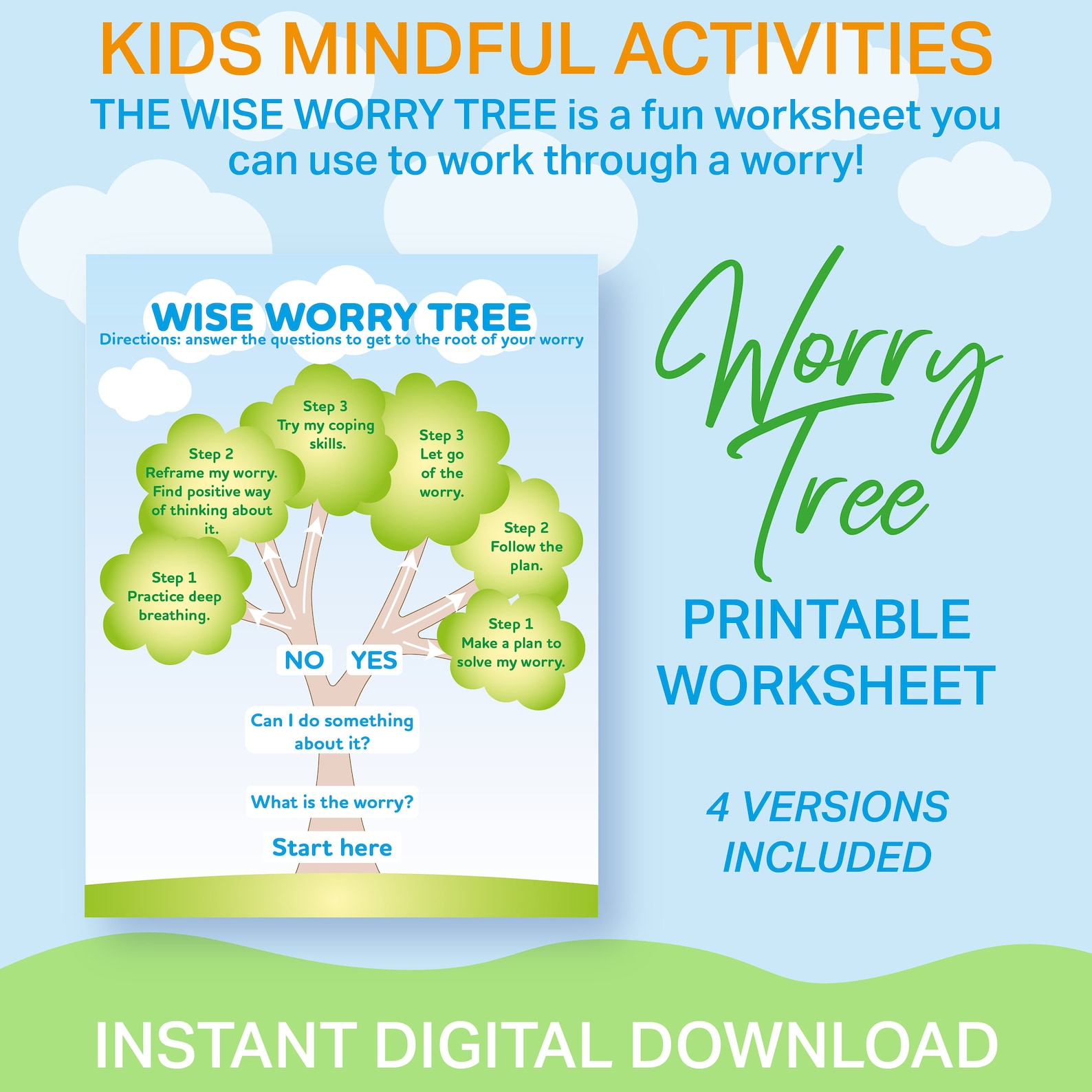 Worry Tree Worksheet Printable, Kids Anxiety Relief Workbook, Self ...