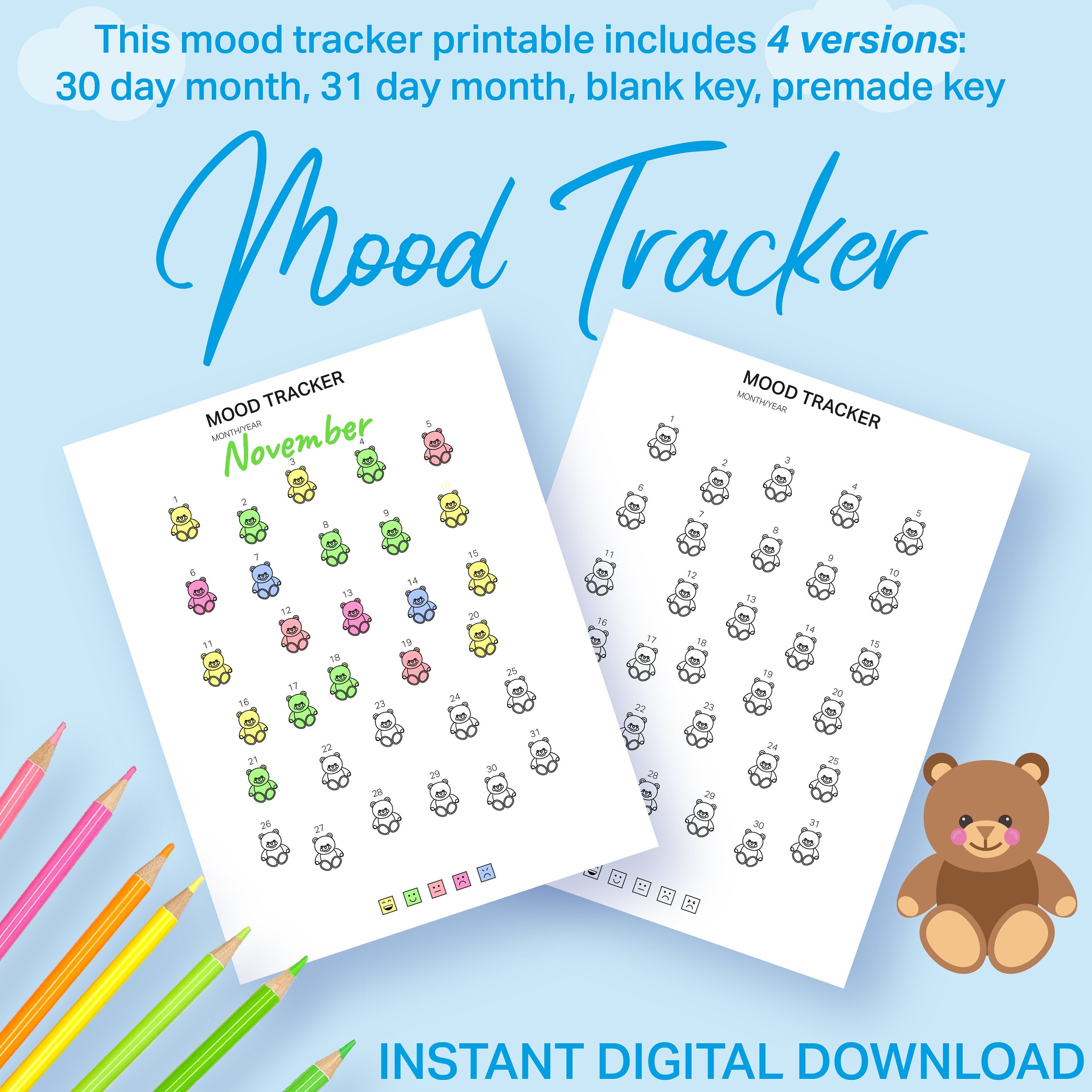 Mood Tracker Printable, Bear Daily Monthly Emotions Mood Chart Journal ...