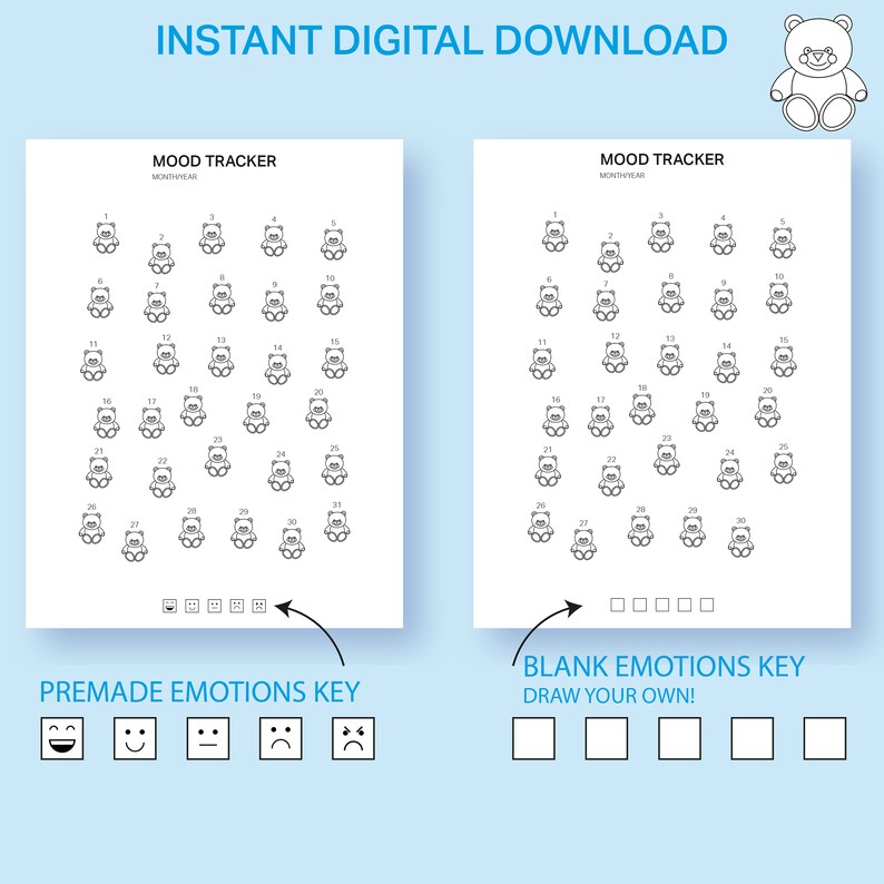 Mood Tracker Printable Bear Daily Monthly Emotions Mood Chart - Etsy