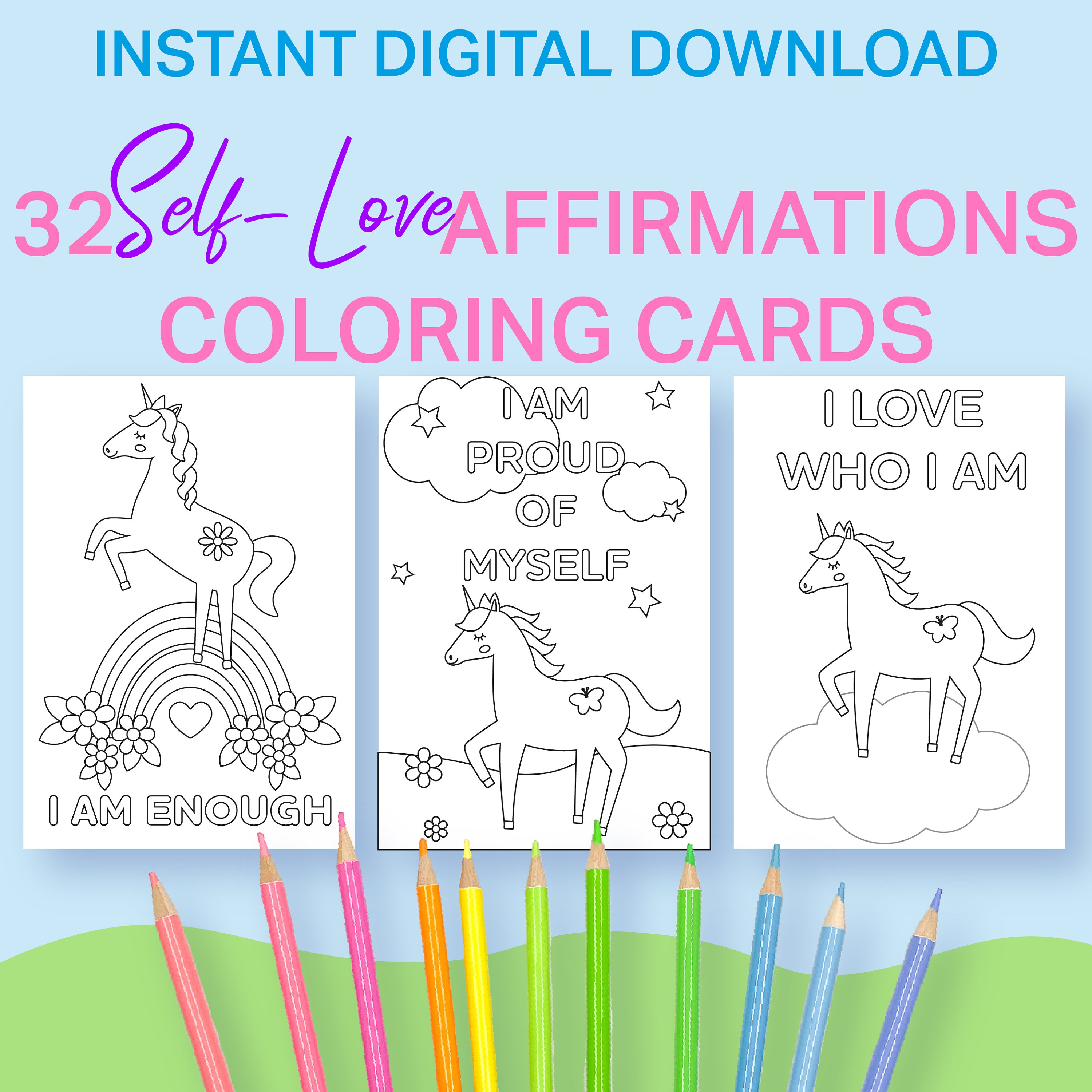 Unicorn Self-love Affirmation Coloring Cards for Kids, Mindful Coloring ...
