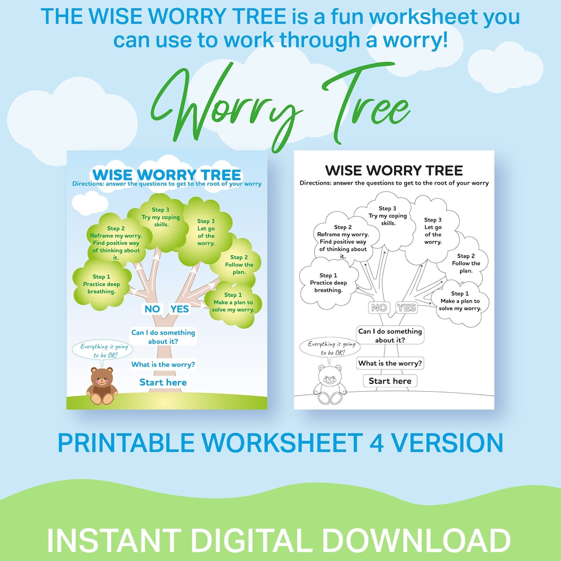 Worry Tree Worksheet Printable, Kids Anxiety Relief Workbook, Self ...