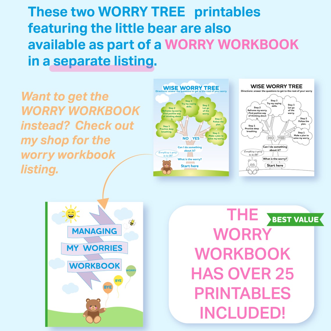 Worry Tree Worksheet Printable, Kids Anxiety Relief Workbook, Self ...