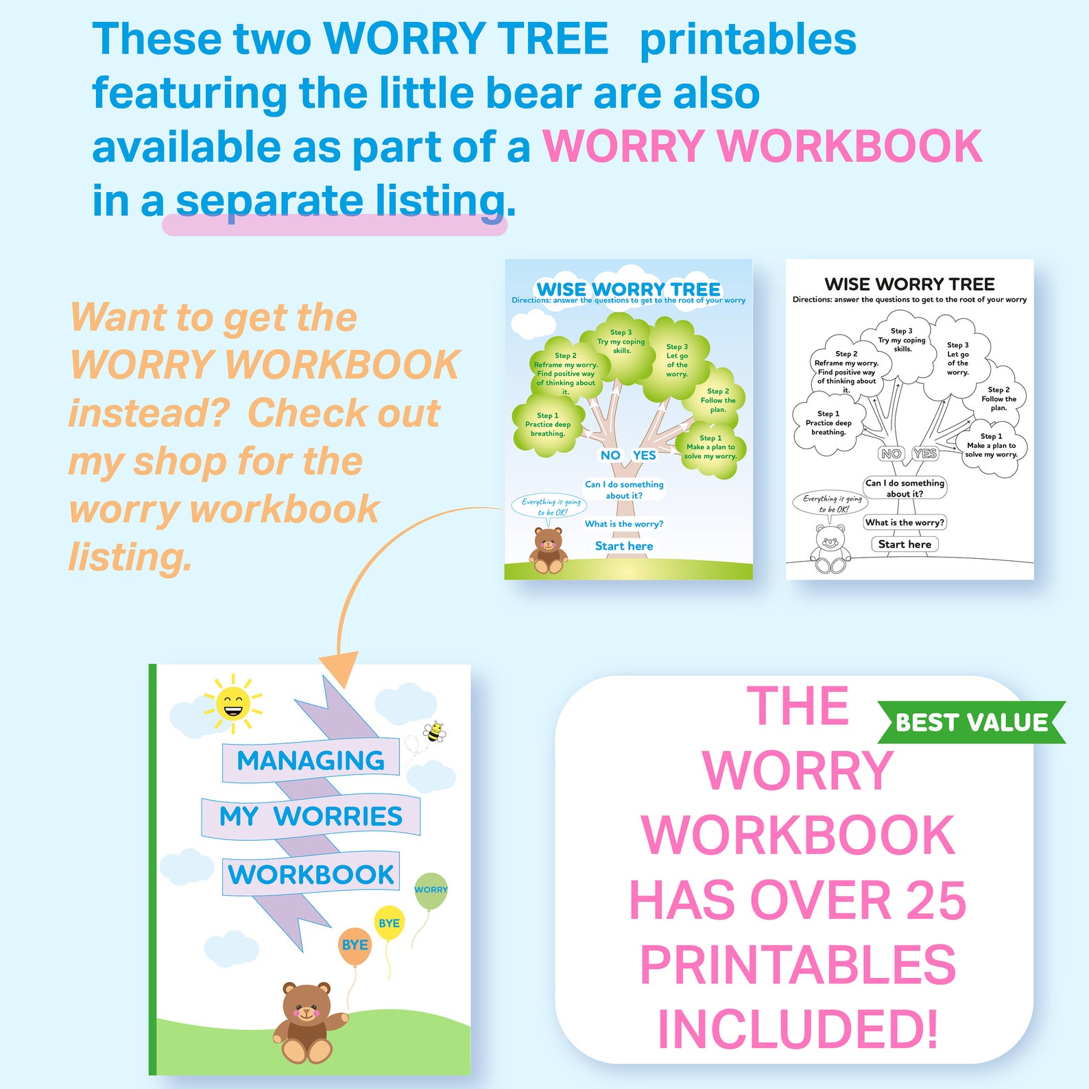 Worry Tree Worksheet Printable, Kids Anxiety Relief Workbook, Self ...