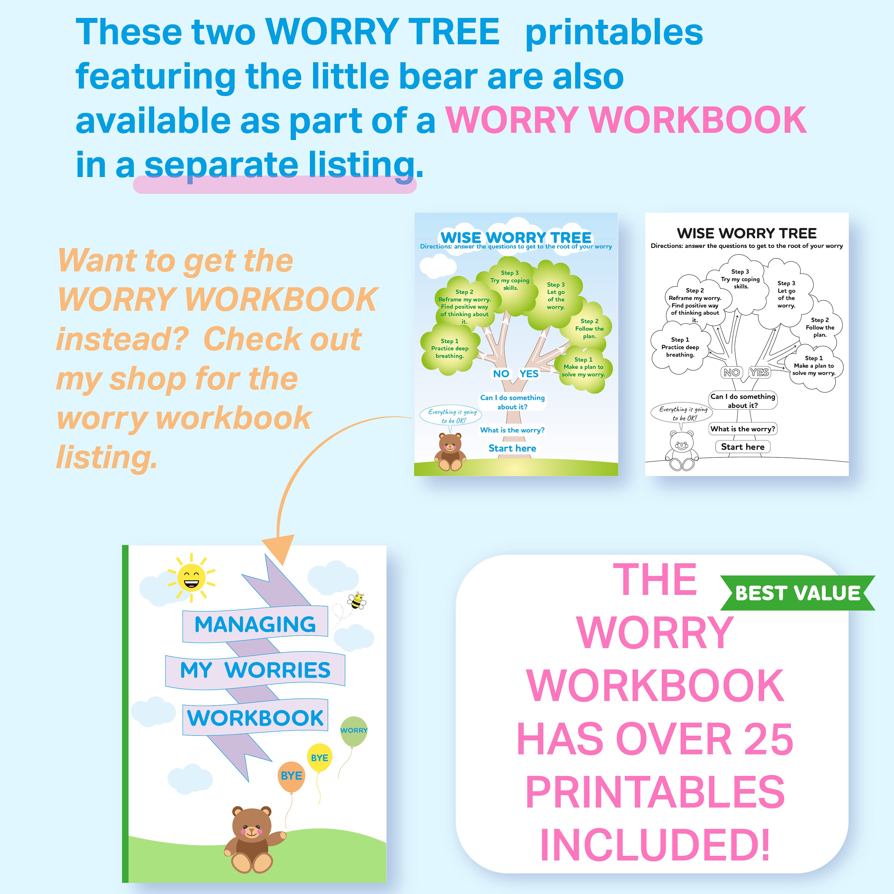 Worry Tree Worksheet Printable, Kids Anxiety Relief Workbook, Self ...