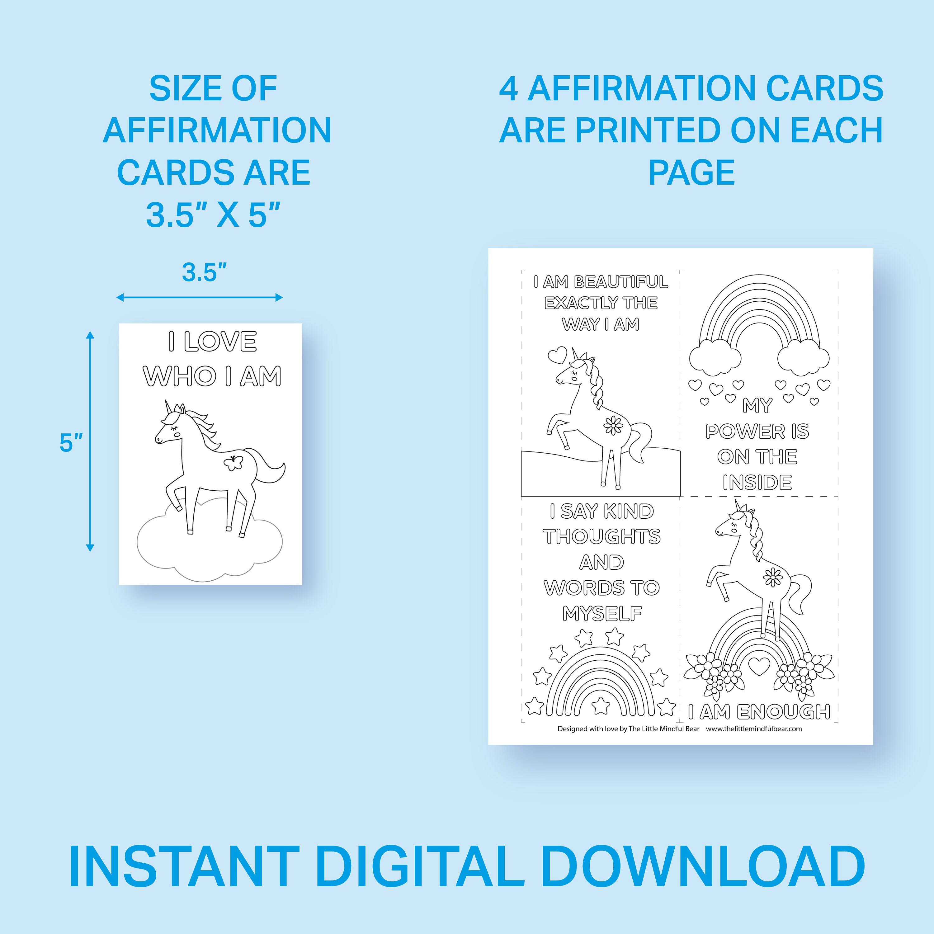 Unicorn Self-love Affirmation Coloring Cards for Kids, Mindful Coloring ...