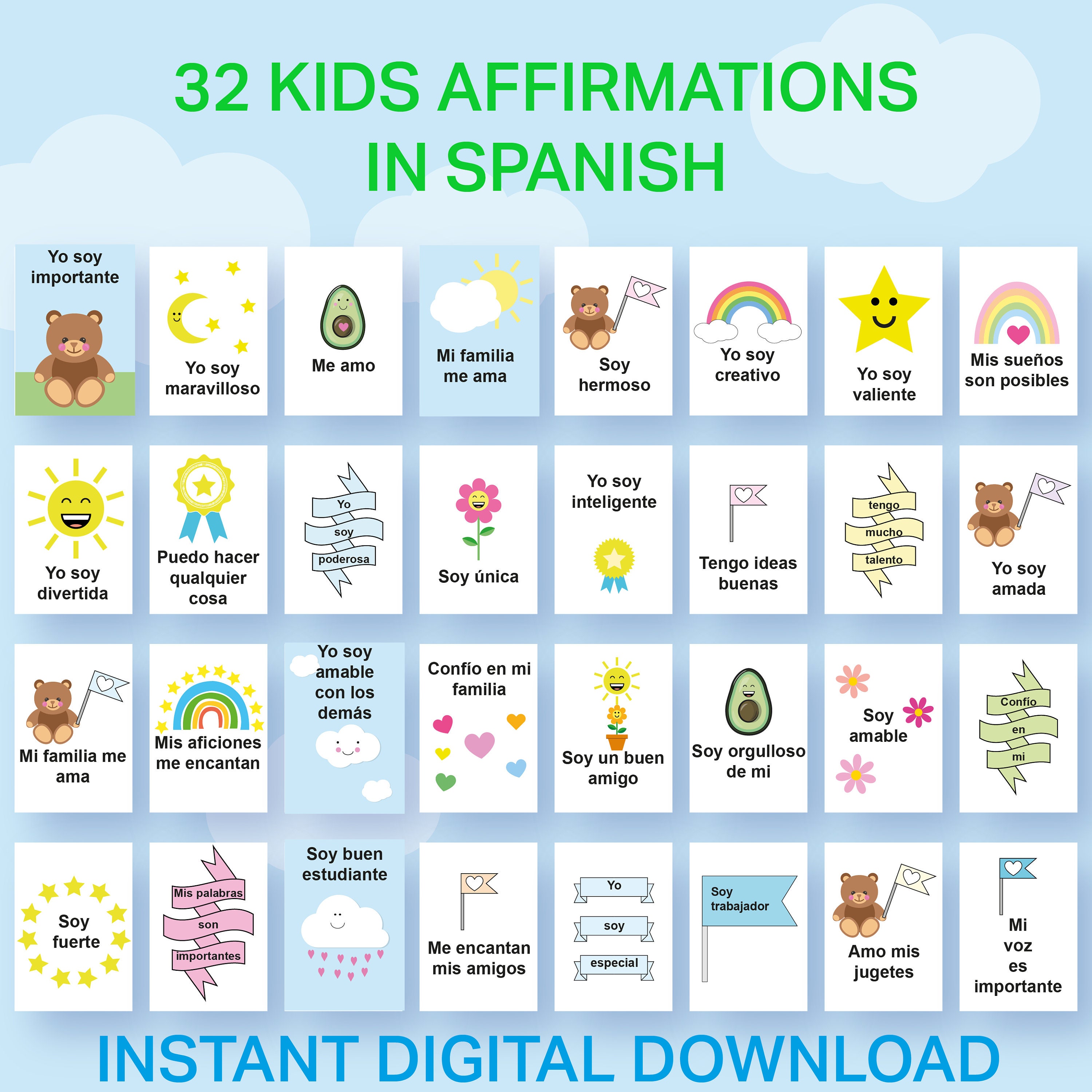 SPANISH Positive Affirmation Cards for Kids, Afirmaciones Positivas ...
