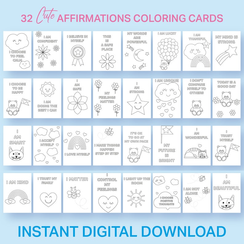 160 Kids Coloring Affirmations Bundle, Mindfulness Cards for Children ...