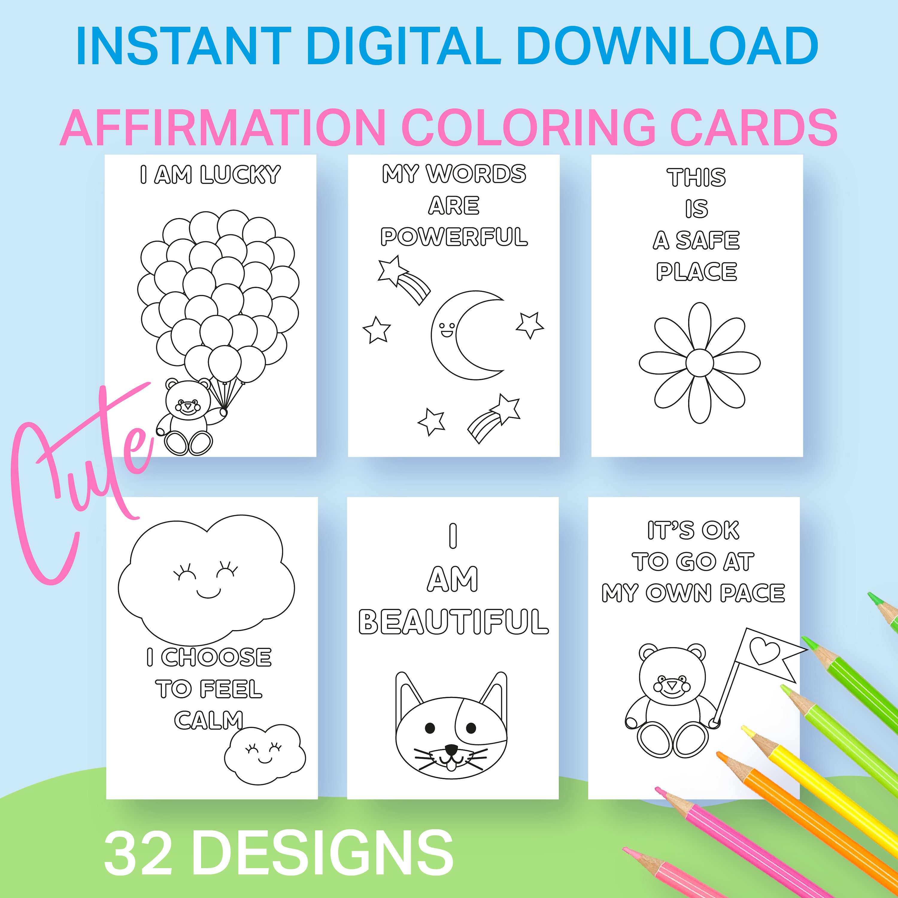 CUTE Kids Affirmation Coloring Cards, Kindness Cards to Color ...