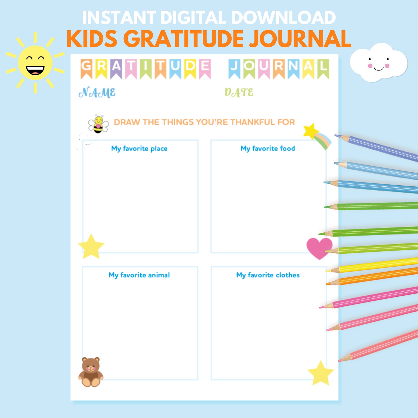 Kids Daily Gratitude Journal Printable Worksheets, Mindfulness Activity ...