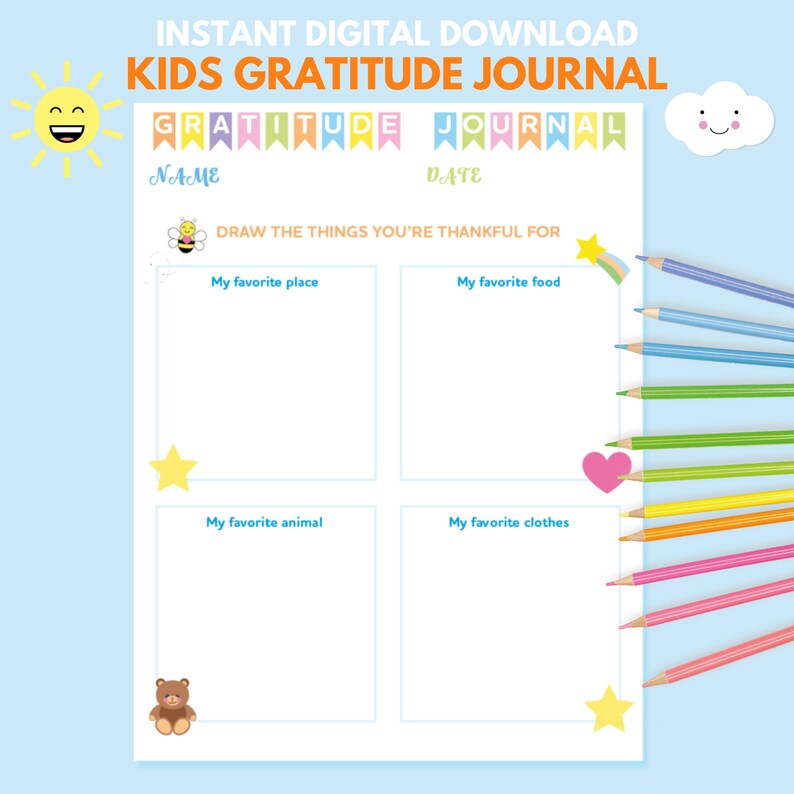 Kids Daily Gratitude Journal Printable Worksheets, Mindfulness Activity ...