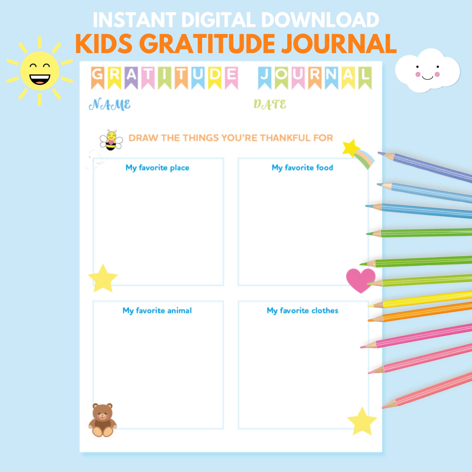 Kids Daily Gratitude Journal Printable Worksheets, Mindfulness Activity ...