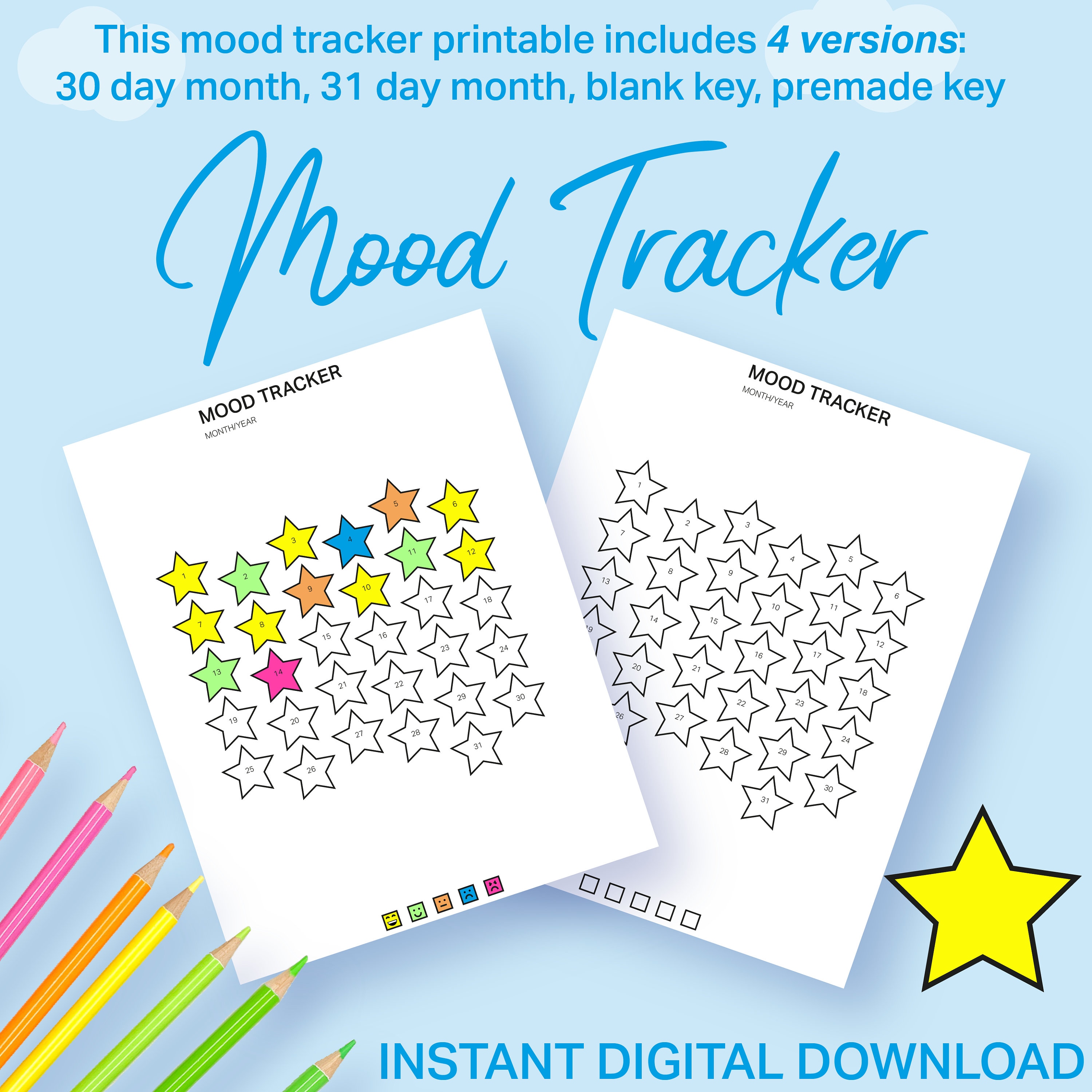 Star Mood Tracker Printable, Daily Monthly Emotions Mood Chart Journal ...