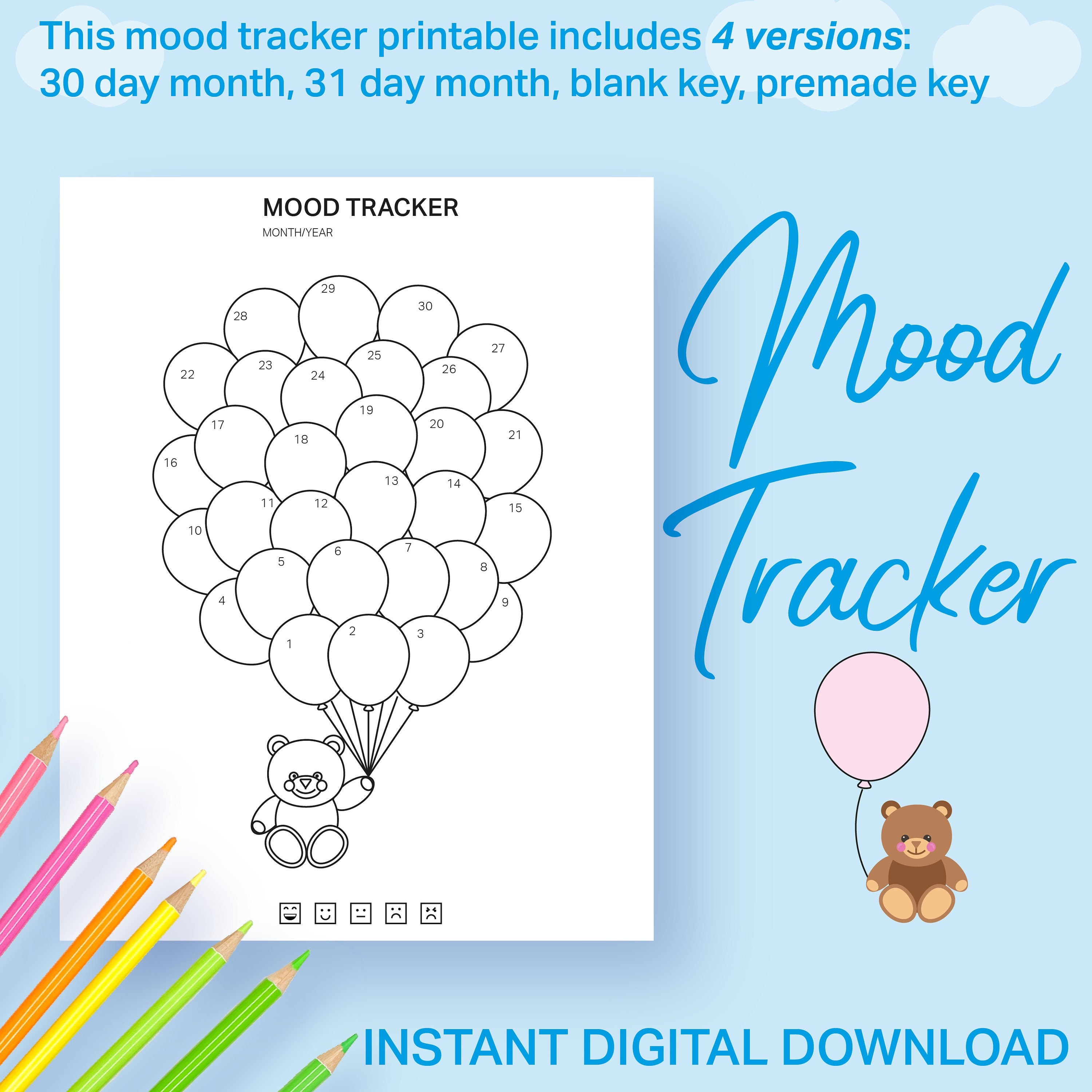 Mood Tracker Printable, Bear Balloons Daily Monthly Emotions Chart ...