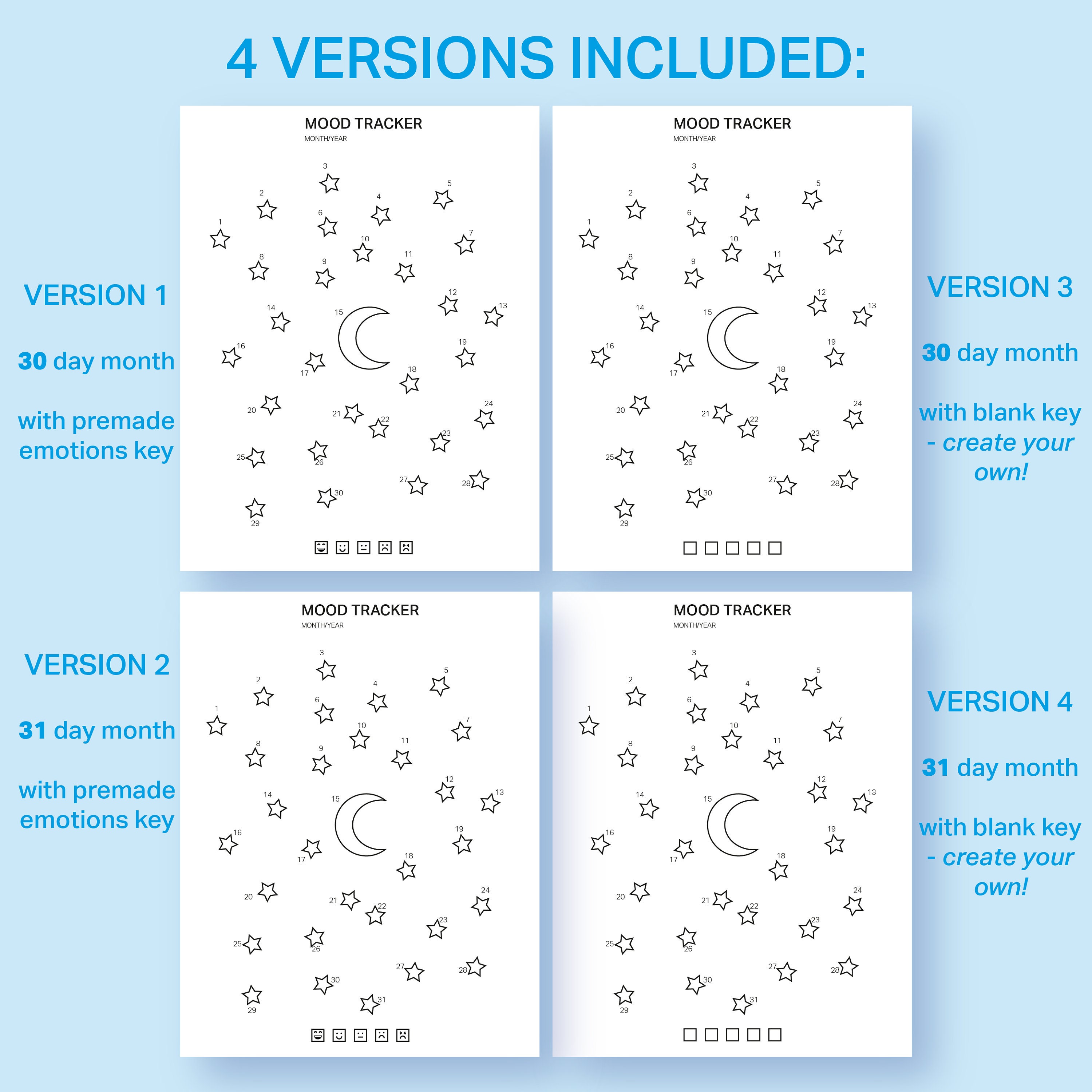 Mood Tracker Printable, Moon and Stars Daily Monthly Mood Chart Journal ...