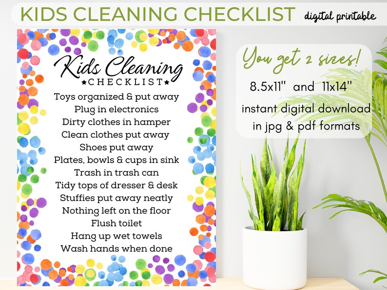 2 SIZES Kids Cleaning Guide Printable-family Organization-children ...