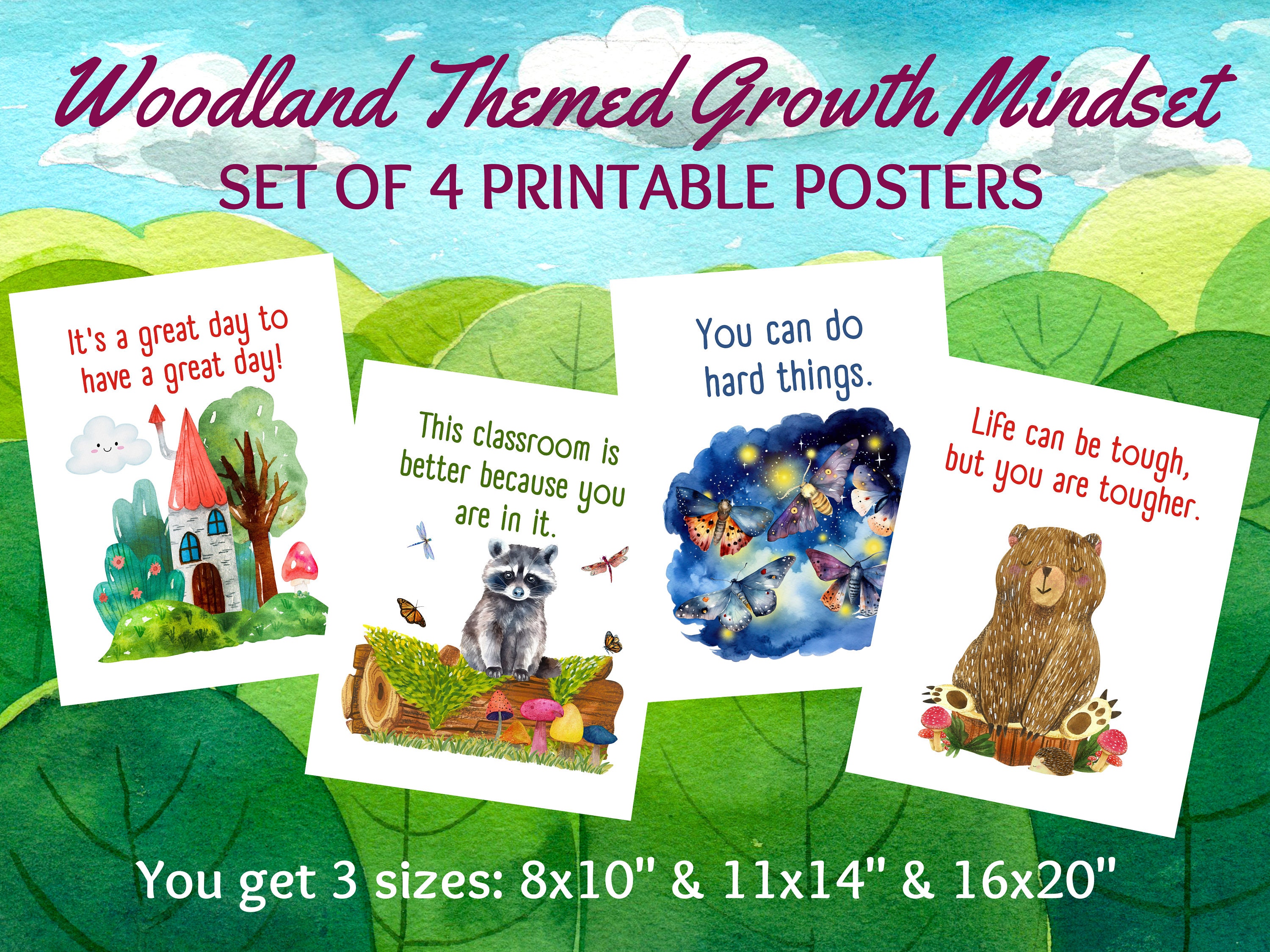 Set of 4 POSTERS in 3 SIZES Woodland Theme Growth Mindset - Etsy
