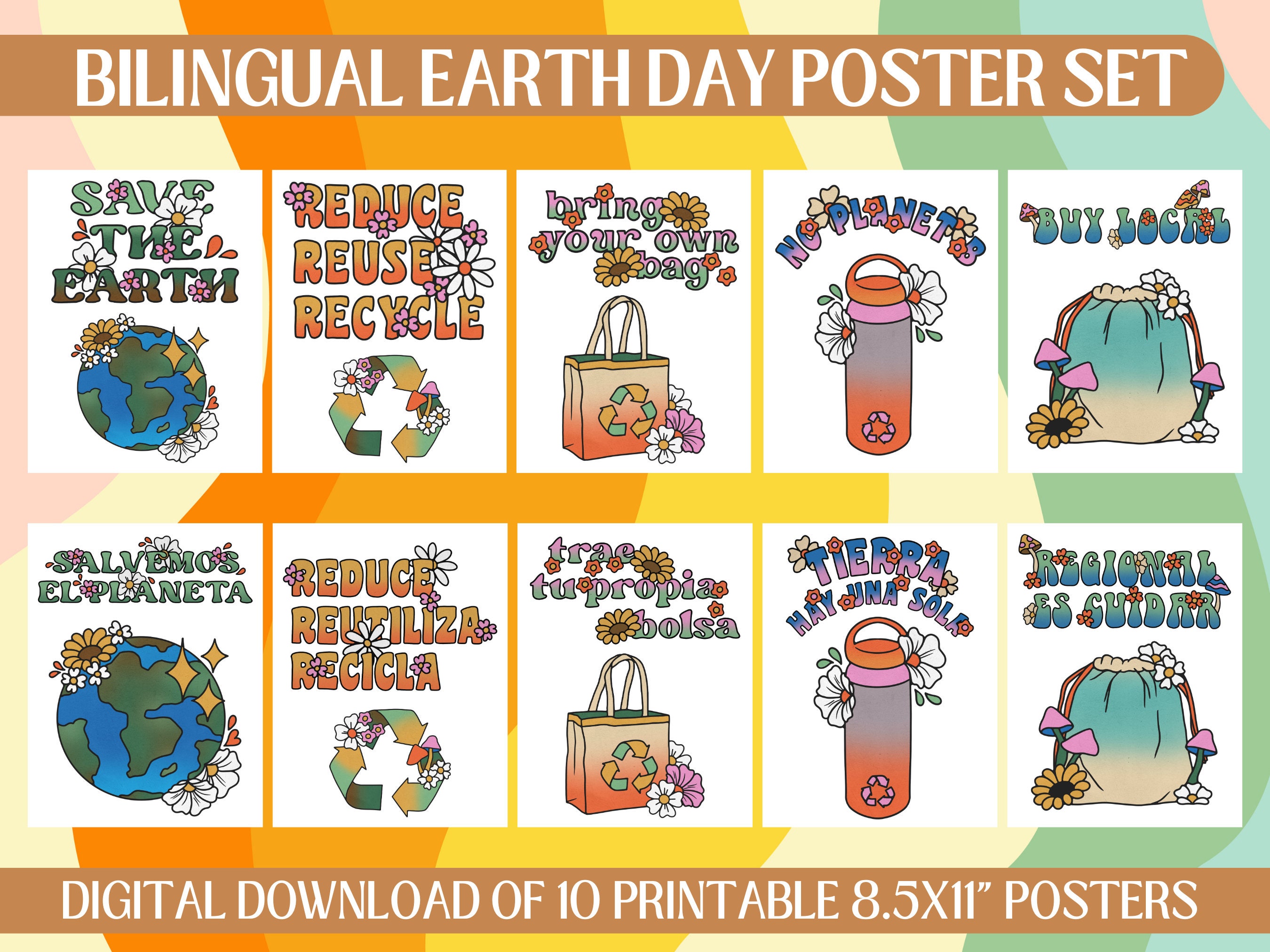 Printable Spanish English Earth Day Poster Set-retro-esl Environmental ...