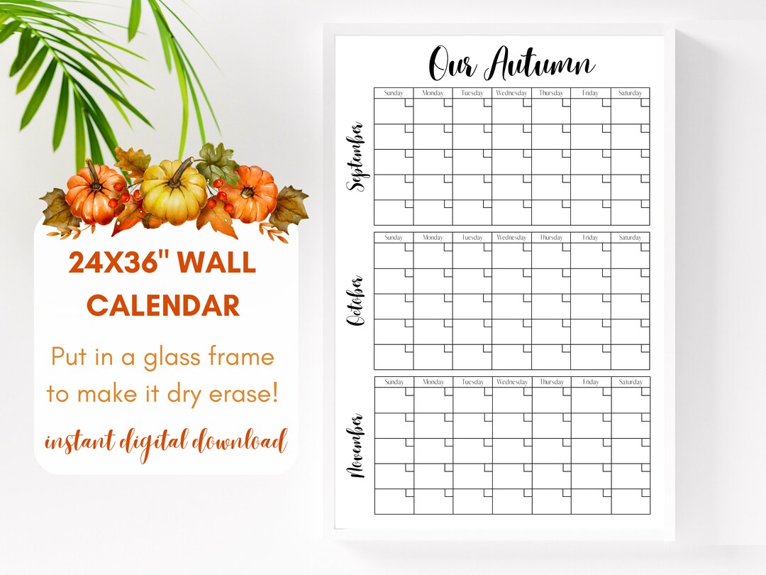 Autumn Fall Three Month XL Wall Calendar-24x36" Family Command Center ...