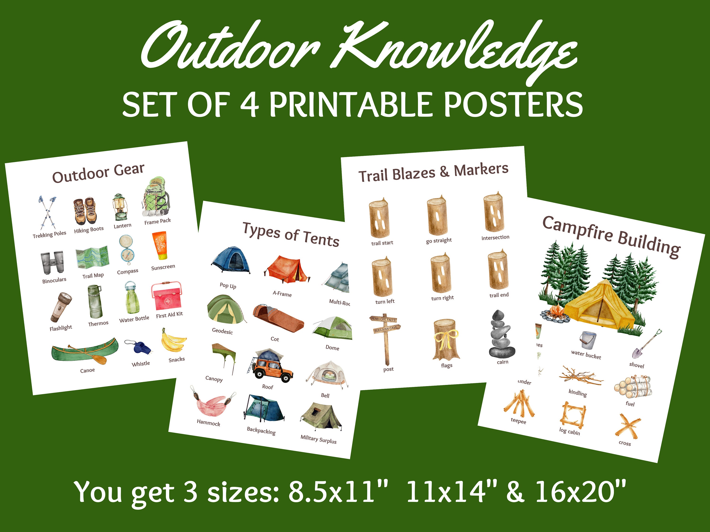 Set of 4 POSTERS in 3 SIZES! Outdoor Knowledge Prints-camping-hiking ...