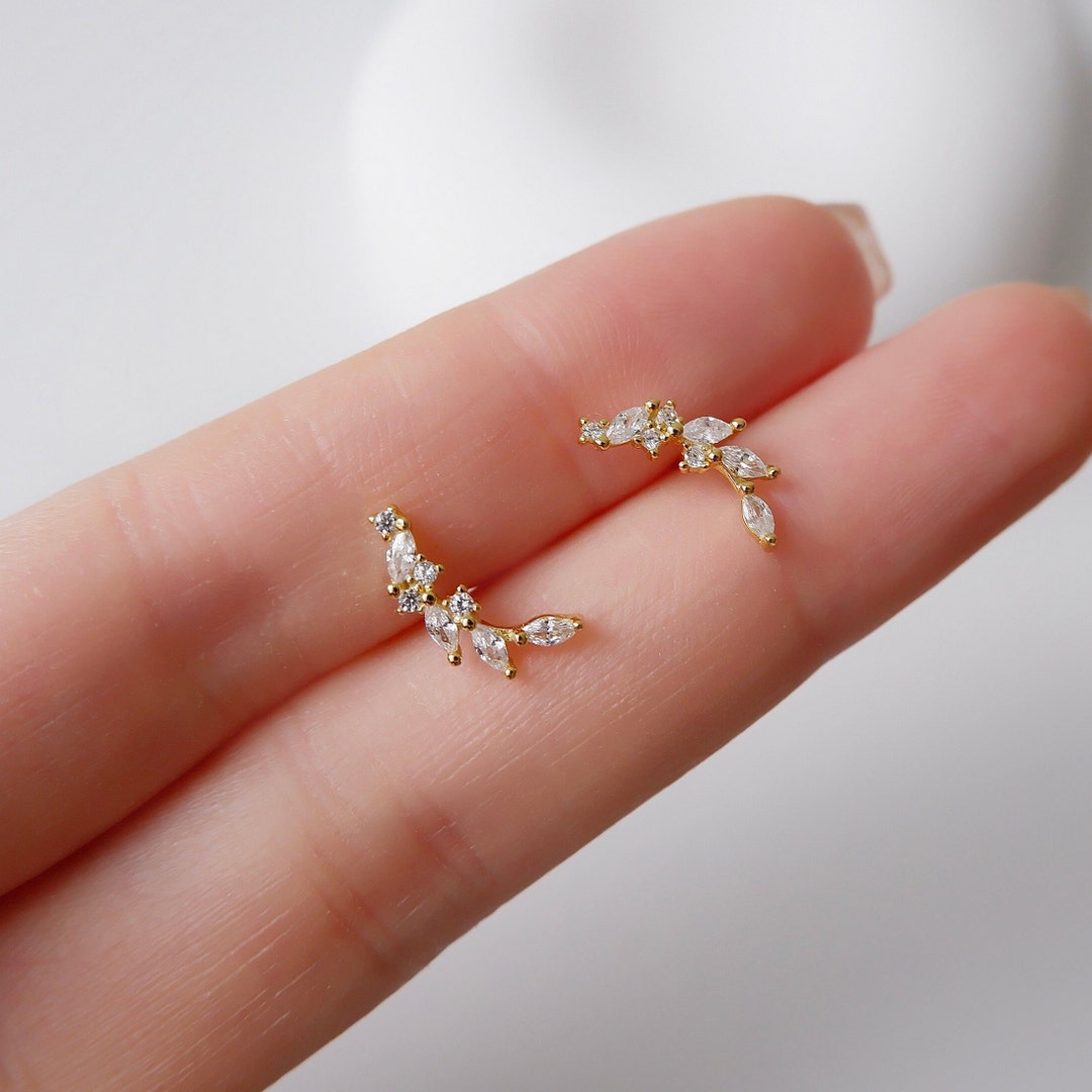 CZ Leaf Stud Earrings|tiny CZ Leaf Stud Earring|sparkling Leaf Branch|14k Sterling Silver|gold ...