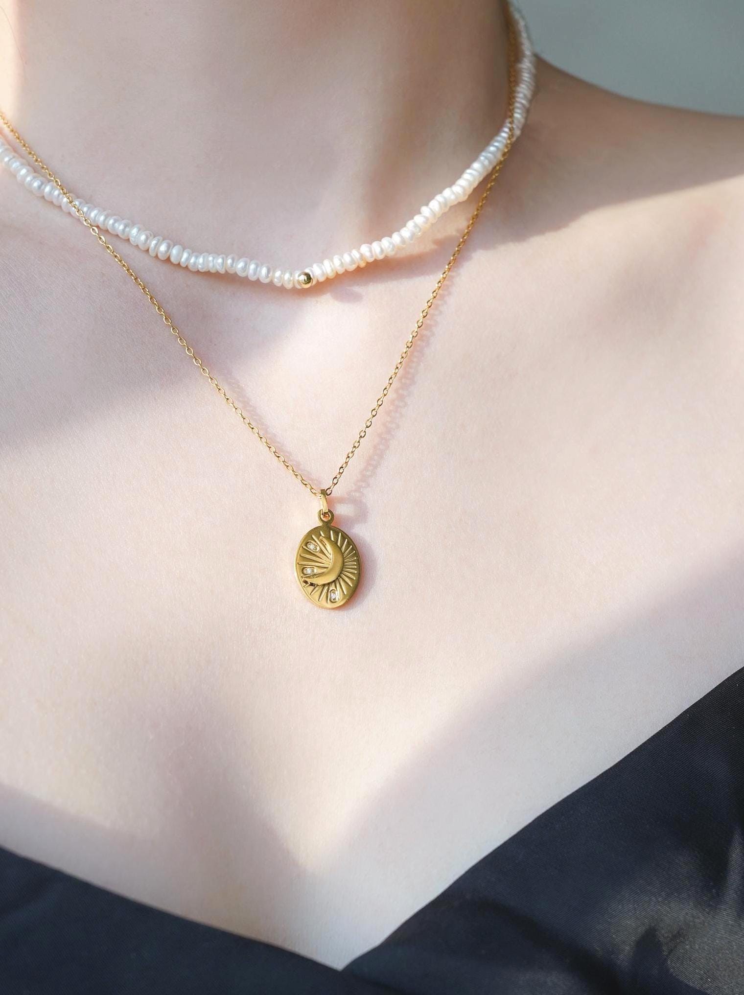 Astral Necklace|star and Moon Necklace|cz Necklace Zircon| Oval Star ...