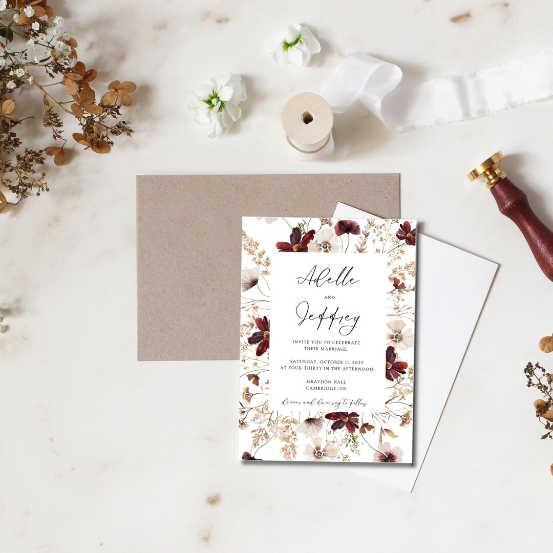 Burgundy Fall Flowers Wedding Invitation Template, - Etsy
