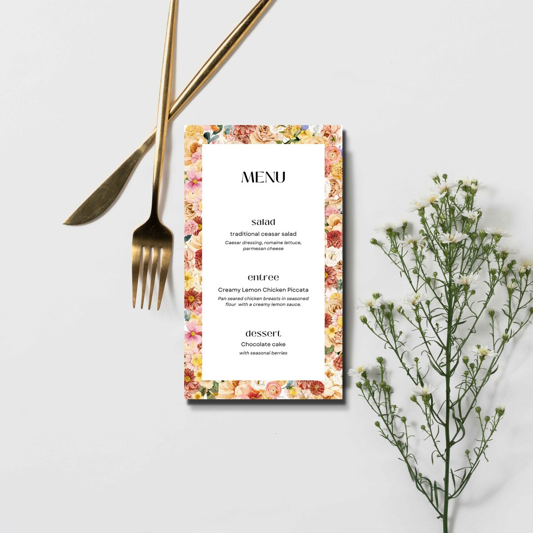 Spring Flowers Wedding Menu Template | Orange Wedding Menu - Etsy