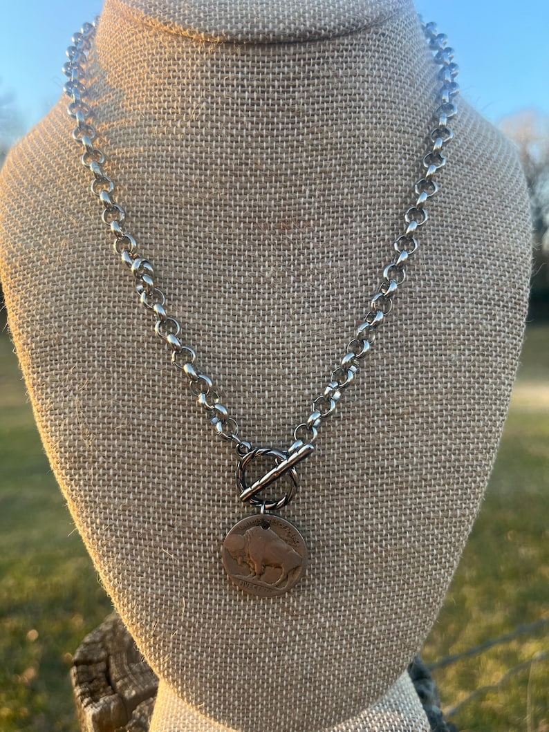 Buffalo Coin Curb Rolo Necklace With Textured Toggle Clasp - the Buff ...
