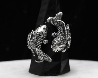 Koi Fish Signet Ring, Yin Yang Signet Ring, Twin Koi Aquarius Dragon Fish Sterling Silver ...