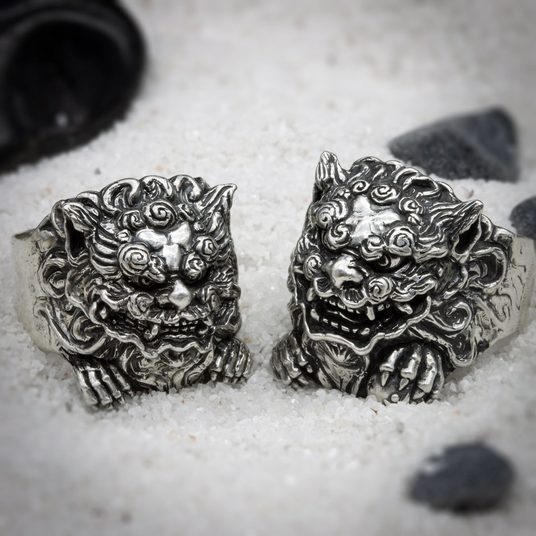 Shisa Set Okinawa Lion Silver Double Ring Japan Guardian Yokai Shinto ...