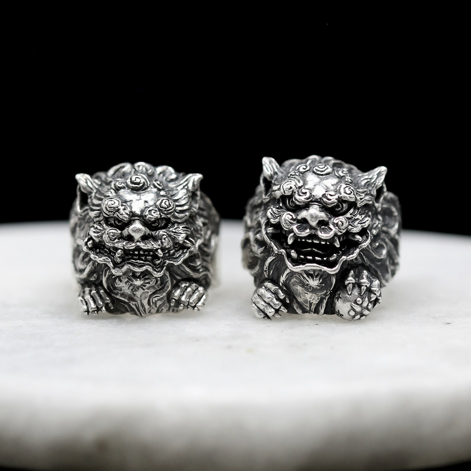 SHISA SET OKINAWA Silver Ring Japan Guardian Yokai Art Deco Shinto Oni Devil Gift Statement ...