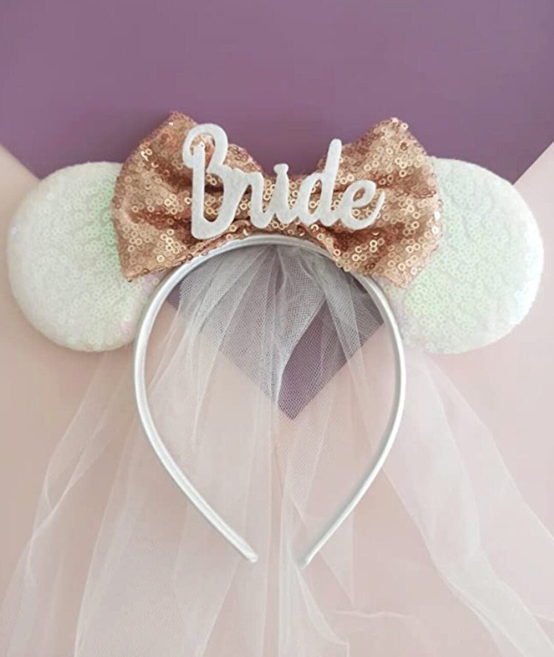 BRIDE Minnie Ears With Veil Disney Mouse Ears Headband Rose Gold Minnie ...